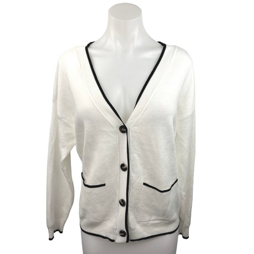 Cyrus White Black V Neck Button Down Pocket Knit Cardigan Sweater Top ...