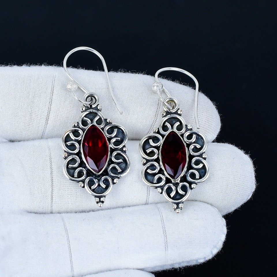 Red Garnet Gemstone Earrings Solid 925 Sterling Silver Jewelry For ...