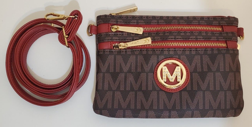 Milan Purse Signature M Embossed Leather Hand Bag Maroon Carry Tote 9X6 ...