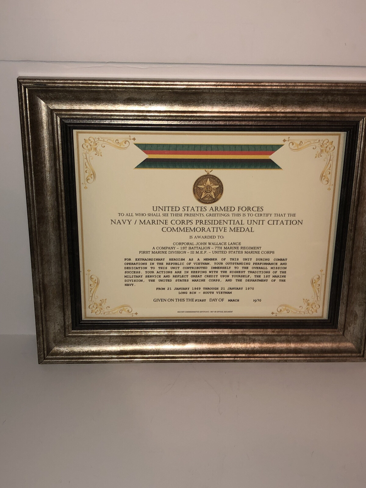 NAVY / USMC PRESIDENTIAL UNIT CITATION COMMEMORATIVE MEDAL CERTIFICATE ...