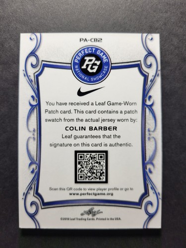 2018 Leaf Perfect Game COLIN BARBER #25/25 Purple Patch Auto PA-CB2 ...