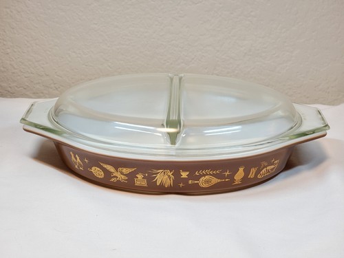 Vintage Pyrex Brown Gold Early American Divided Casserole Baking Dish ...