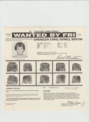 FBI WANTED POSTER GWENDLEN CAROL DOWELL BENTON -INTERSTATE FLIGHT-ARMED ...