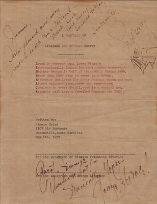 LIBERACE - AUTOGRAPH NOTE SIGNED CIRCA 1957 CO-SIGNED BY: GEORGE ...