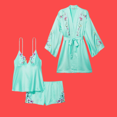 3-VICTORIA'S SECRET Floral Embroidery Robe&Cami Set Seafoam Blue XL ...