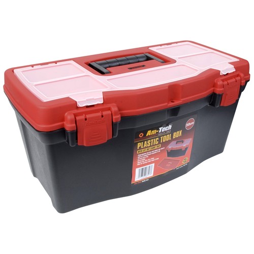 AMTECH 19" TOOL BOX WITH HANDLE TRAY DIY STORAGE PLASTIC TOOLBOX ...