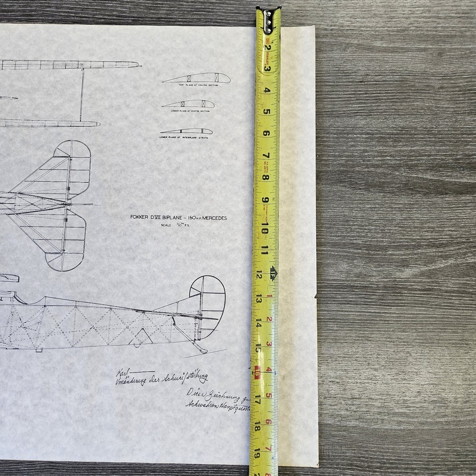Vintage German Fighter Aircraft Blueprint Drawing Fokker D.VII Lee Wolf ...