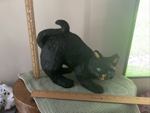 Vintage Halloween Paper Mache Black Cat Green Eyes Handcrafted Side ...