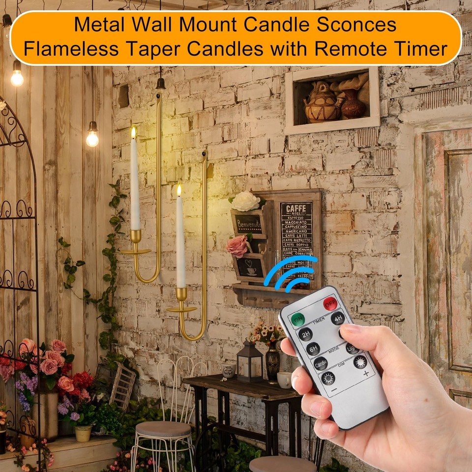 Metal Wall Mount Candle Sconces with 9.6" LED Flameless Taper Candles ...