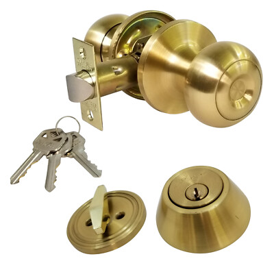 Passage Doorknob and Keyed Deadbolt Lock Set Entry Kw1 Satin Brass 3 ...