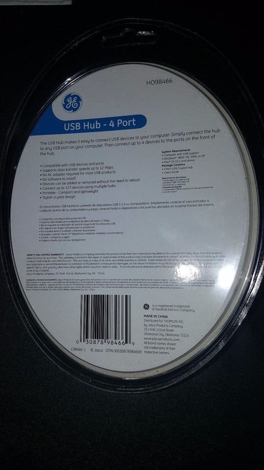 GE USB HUB 4 PORT W// BUILT-IN CABLE WINDOWS & MAC COMPATIBLE TRANS ...