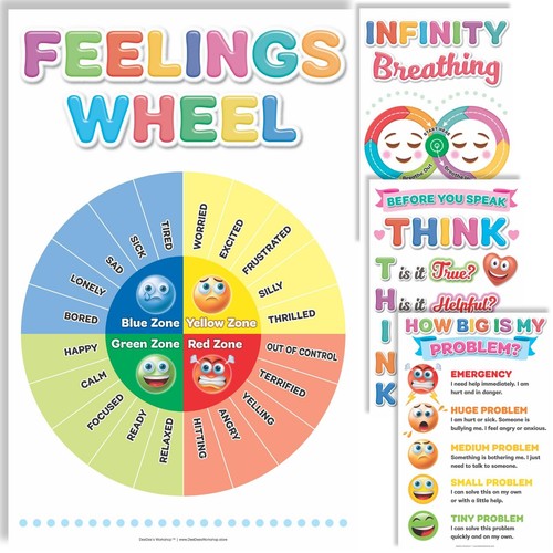4 Feelings Chart For Kids, Feelings Wheel Posters, Emotions Poster ...
