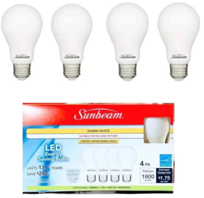 Sunbeam (4-PACK) Dimmable 14.5 Watt (100W) LED Light Bulb - 3000K Warm ...