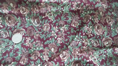 Vintage Cotton Acetate Fabric BROWN, GREEN FLORAL ON MAROON 4 Yds/46 ...