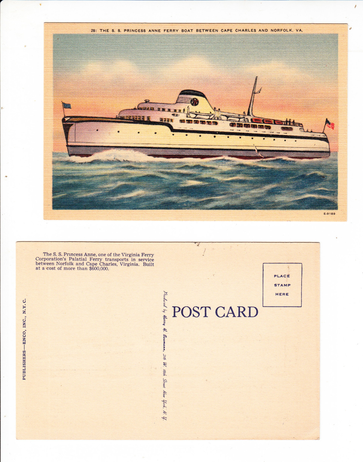 6213 Princess Anne Ferry 1955 linen postcard Cape Charles Norfolk VA H ...