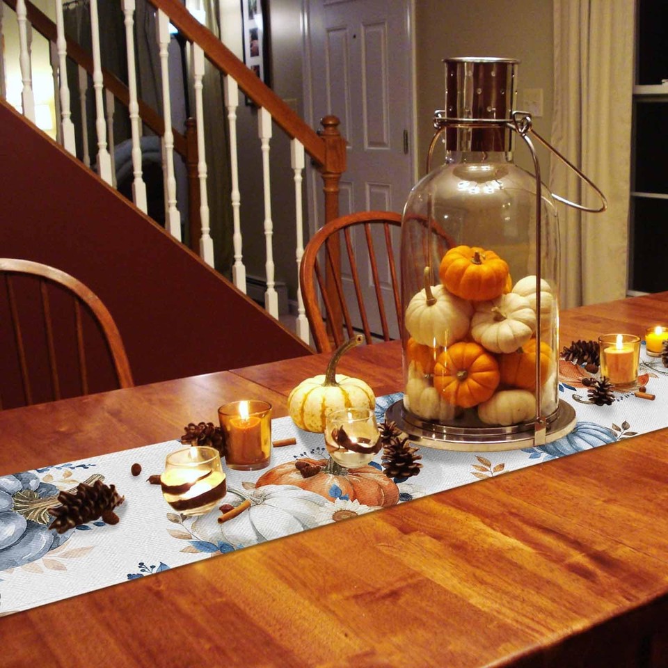 Fall Table Runners Blue White Pumpkin Thanksgiving Table Runner for ...