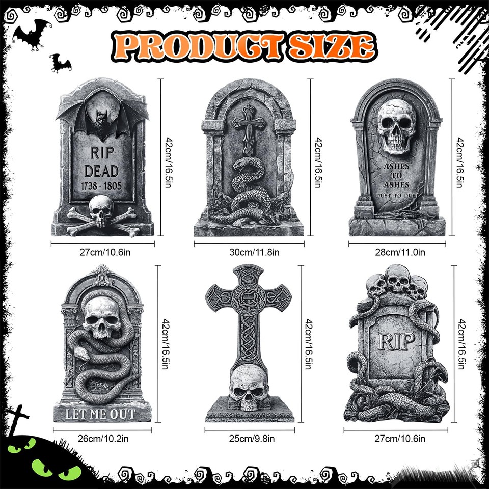 16.5" Tombstones Halloween Decor 6Pcs Graveyard Decorations with Takes ...