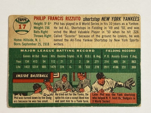 1954 Topps #17 PHIL RIZZUTO New York Yankees HOF VG | eBay