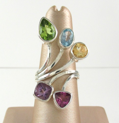.925 Sterling Silver Statement Ring Rainbow Gemstone Multi Row Unique sz 7 | eBay