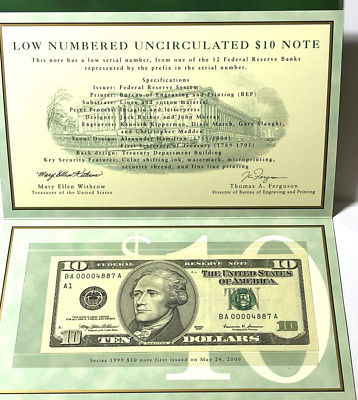 1999 $10 Bill, Low Serial Number, Uncirculated Federal Reserve Note ...