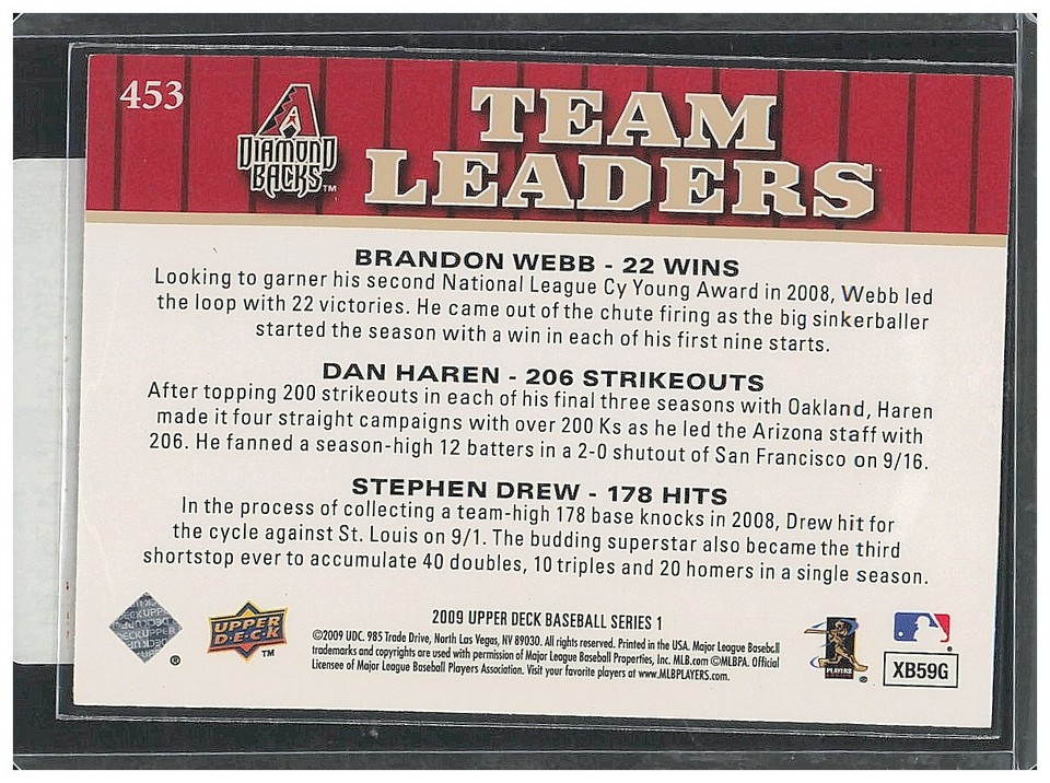 2009 Upper Deck 2009 UPPER DECK BASEBALL SERIES 1 Brandon Webb Team ...