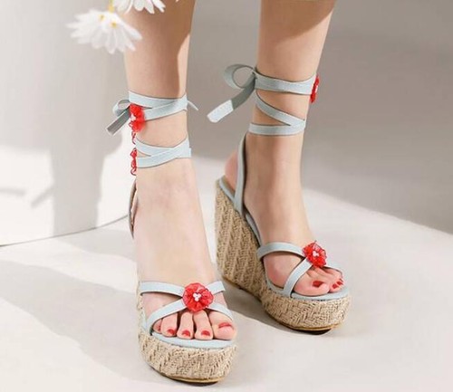 Women's Boho Style Floral Platform Wedge Heels Lace up Sandals Summer ...