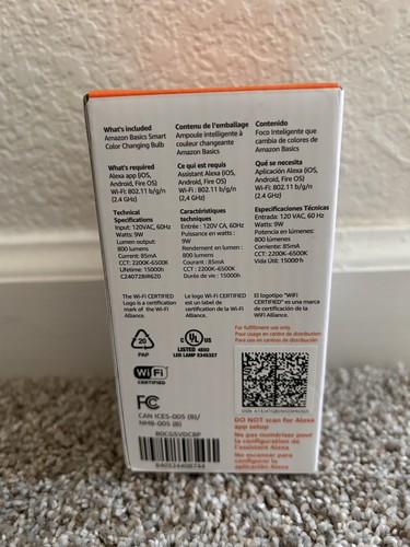 1-Pack Amazon Basics Smart Light Bulb WiFi LED RGB A19 60W E26 Dimmable ...