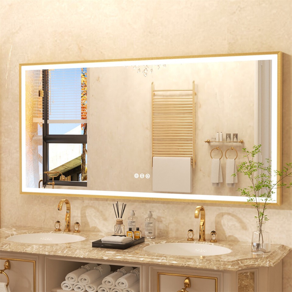 Extra Large LED Bathroom Mirrors Front Light Gold Aluminum Framed ...
