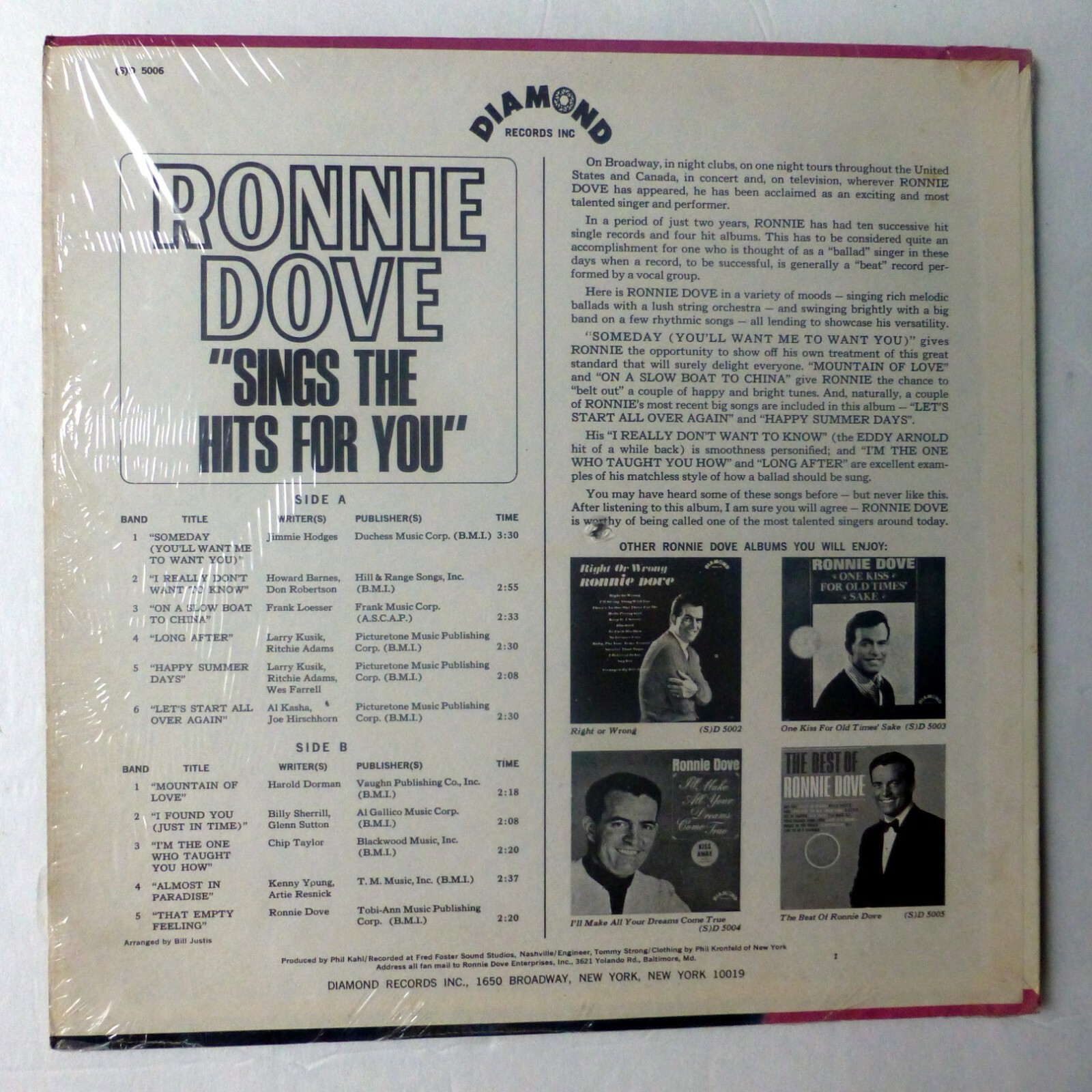 RONNIE DOVE Sings the hits for you LP Diamond 5006 pop vocal from 1966 ...