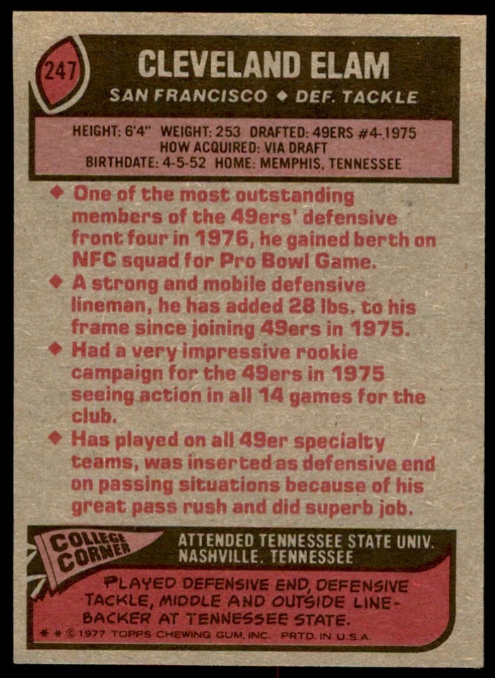 1977 Topps Cleveland Elam Rookie San Francisco 49ers #247 | eBay