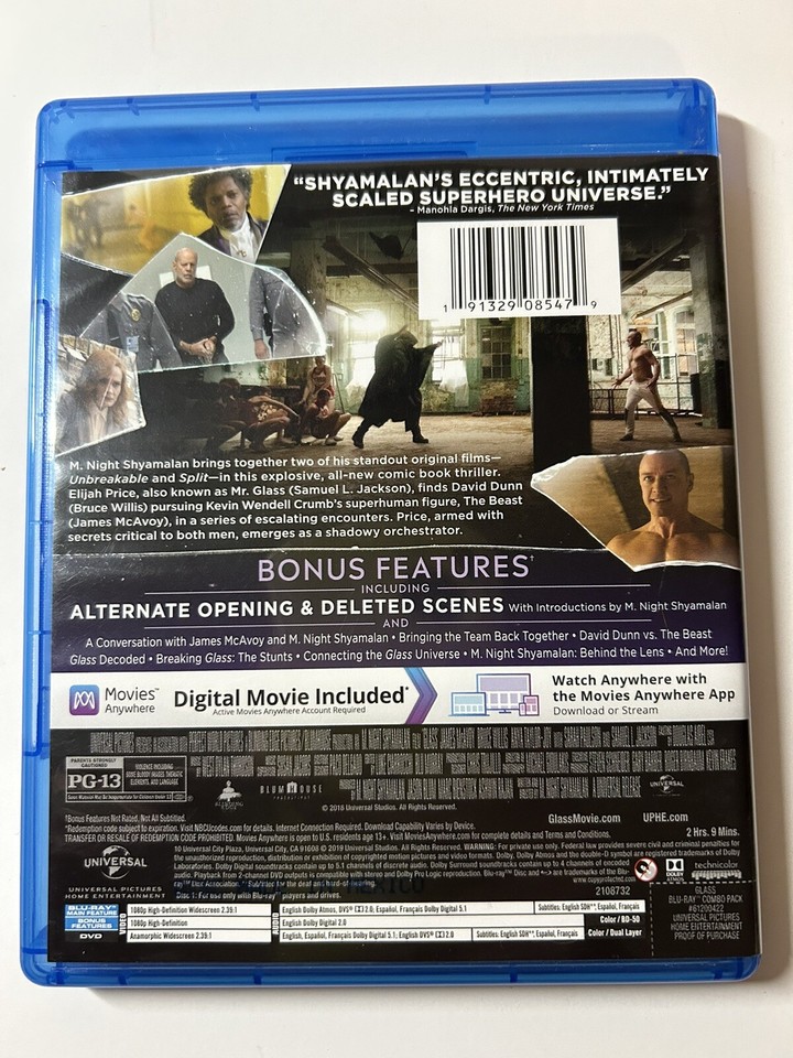 Glass (Blu-ray, 2019) DVD + Digital , Samuel Jackson, Bruce Willis ...