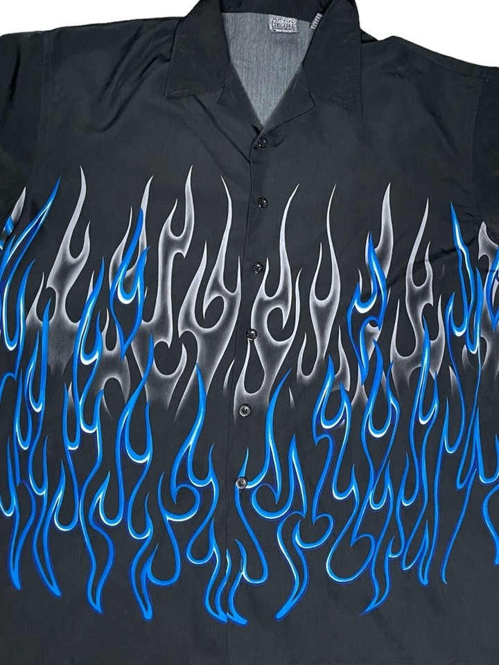 Authentic Shaolin Black & Blue Flame Button Up Shirt Size XL | eBay