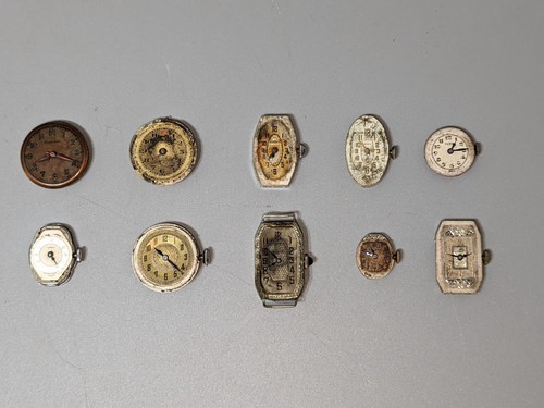 Vintage Lot of 10 Watch Movements Dials PARTS, Regnal Bulova ROXY Tery ...