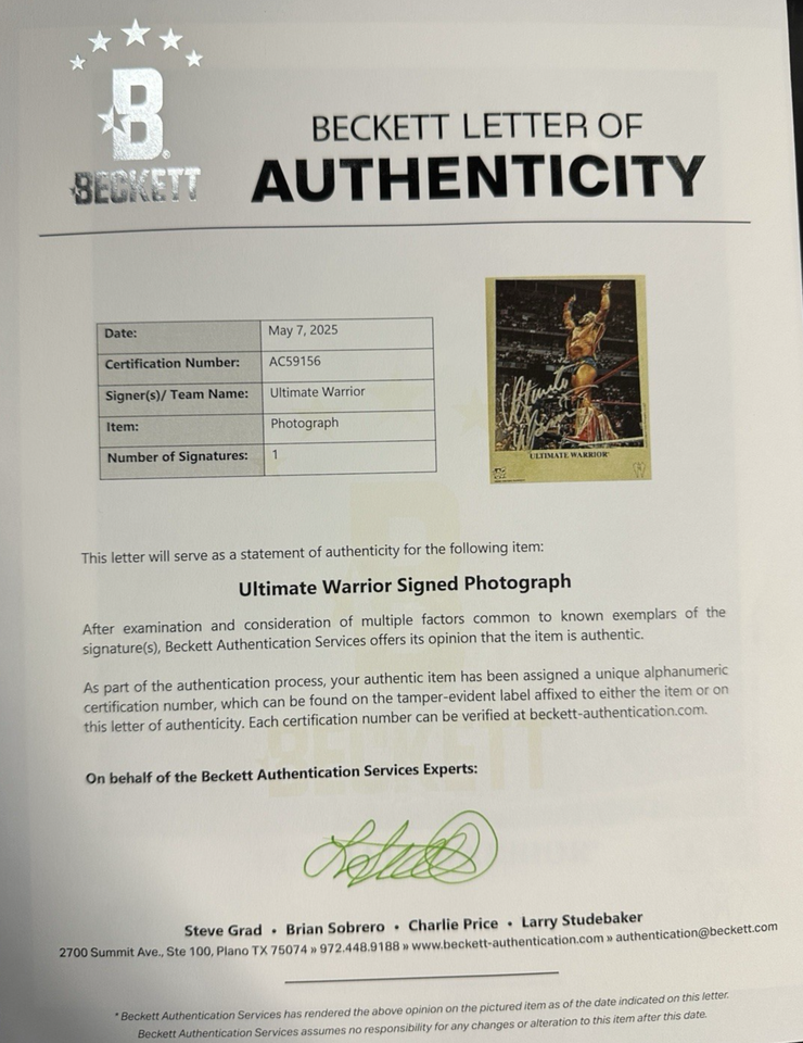 WWF / WWE Ultimate Warrior Autographed Original P-340 Promo Photo BAS ...