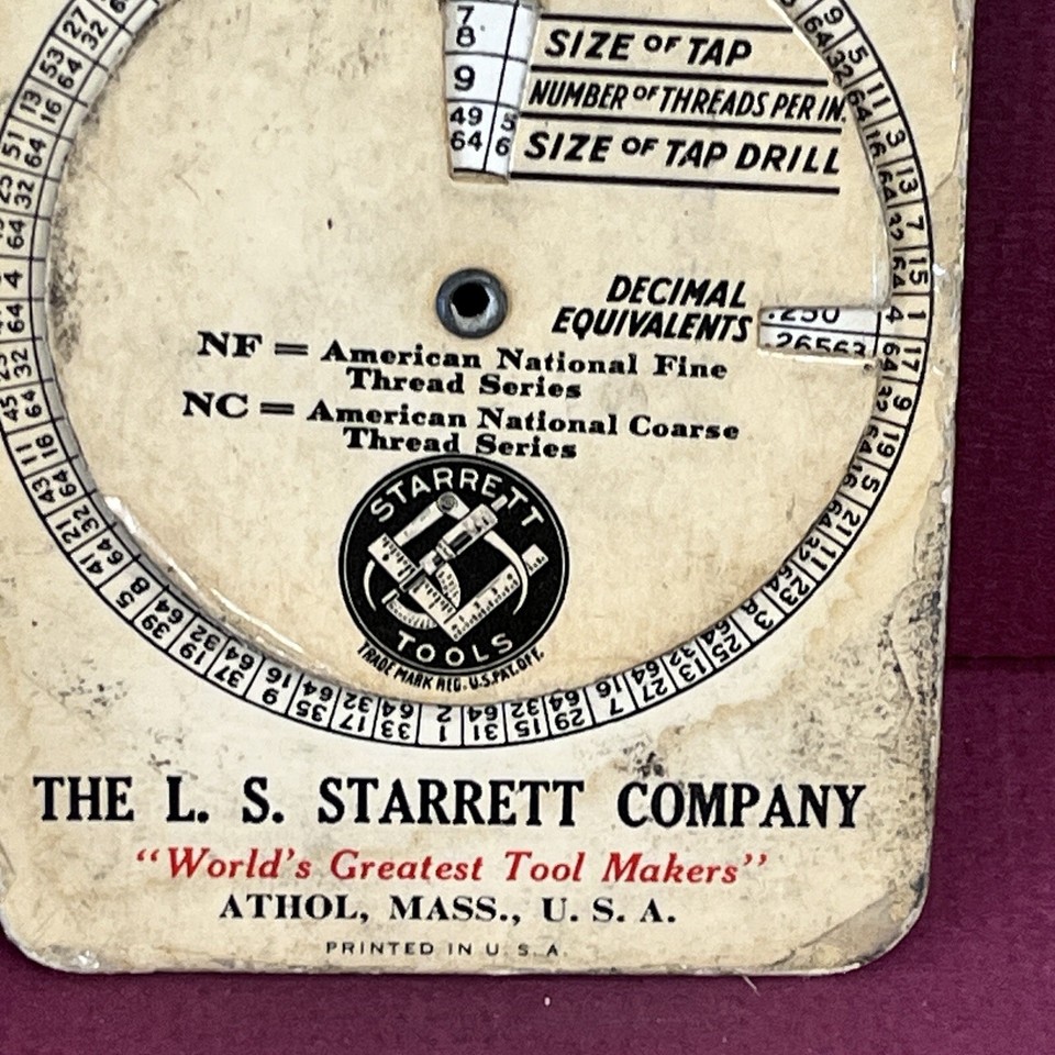 Vintage STARRETT Decimal Equivalents And Tap Drill Sizes Pocket Card ...