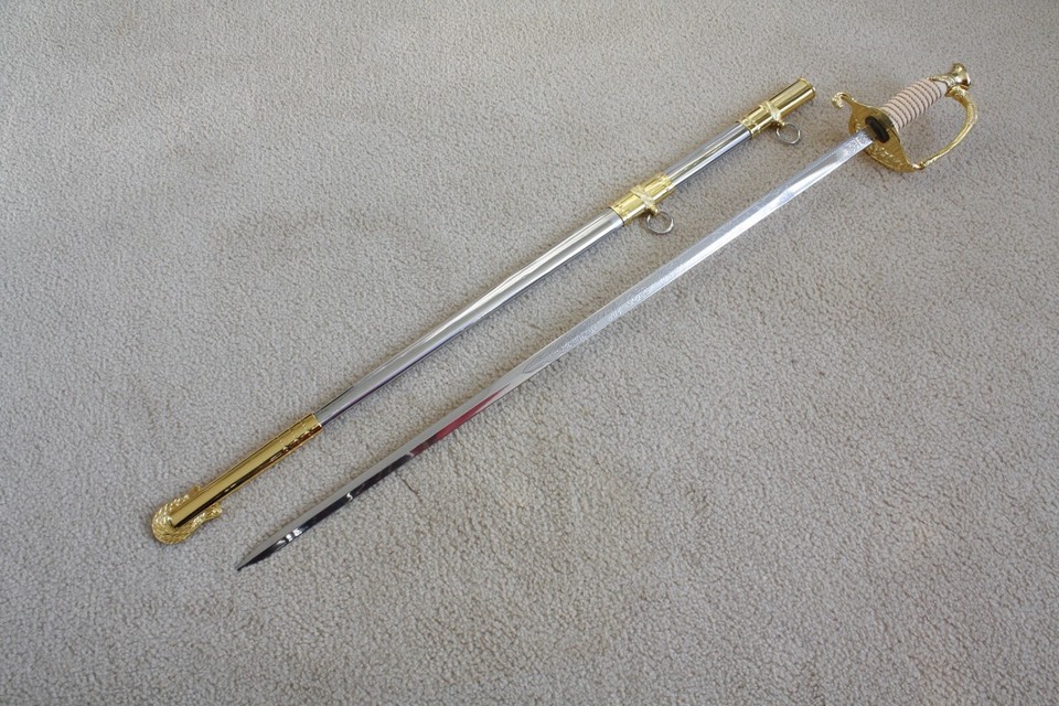 S1003 GOLD USN US NAVY OFFICIAL CEREMONIAL MILITARY SWORD W/ SILVER ...