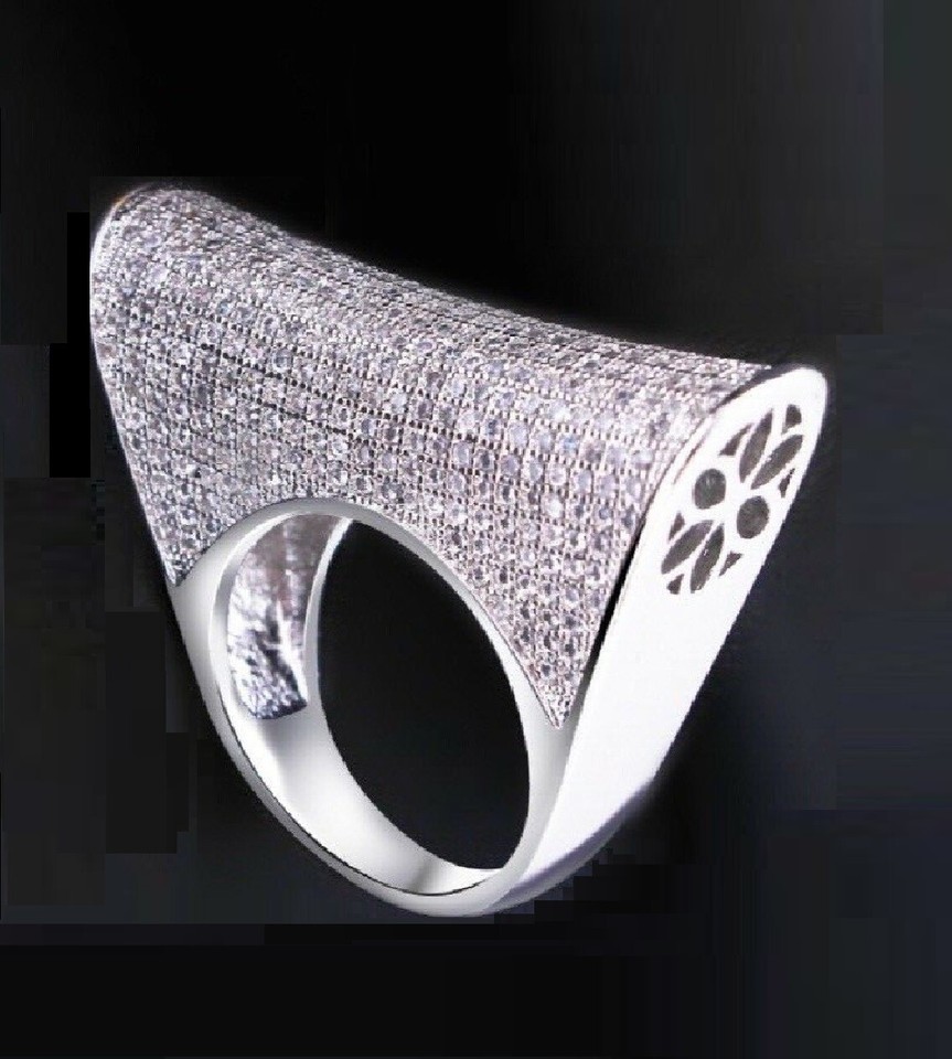 18k White Gold Plated Big Ring made w Swarovski Crystal Stone Bold ...
