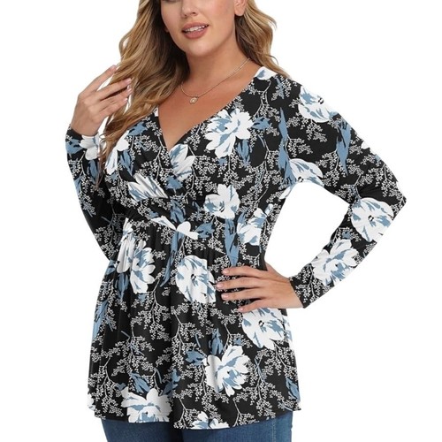 NWT Plus Size 4XL Black Floral Print Long Sleeve V Neck Wrap Tunic Top ...