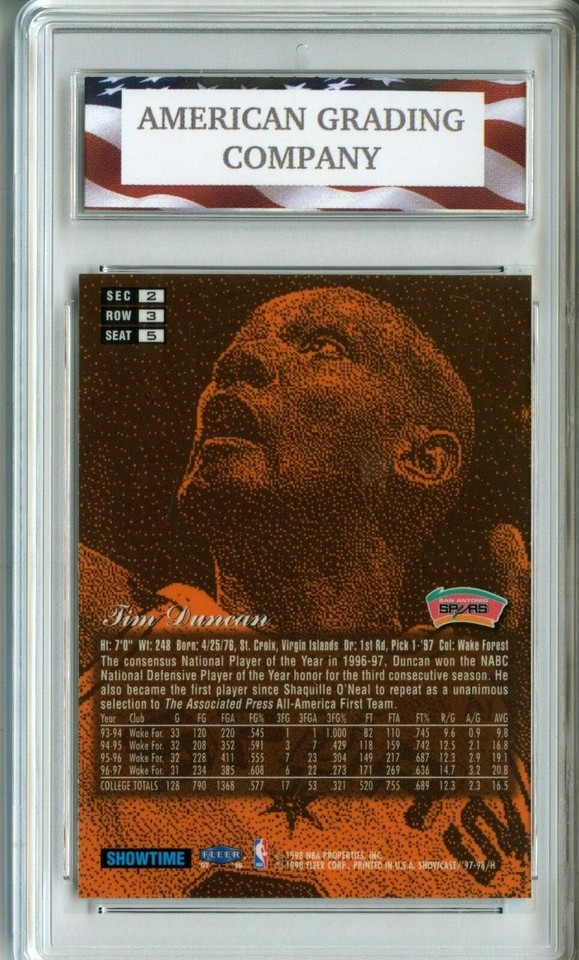 1997 Flair Row 3 Showcase #5 Tim Duncan Rookie Card AGC 10 Gem Mint | eBay