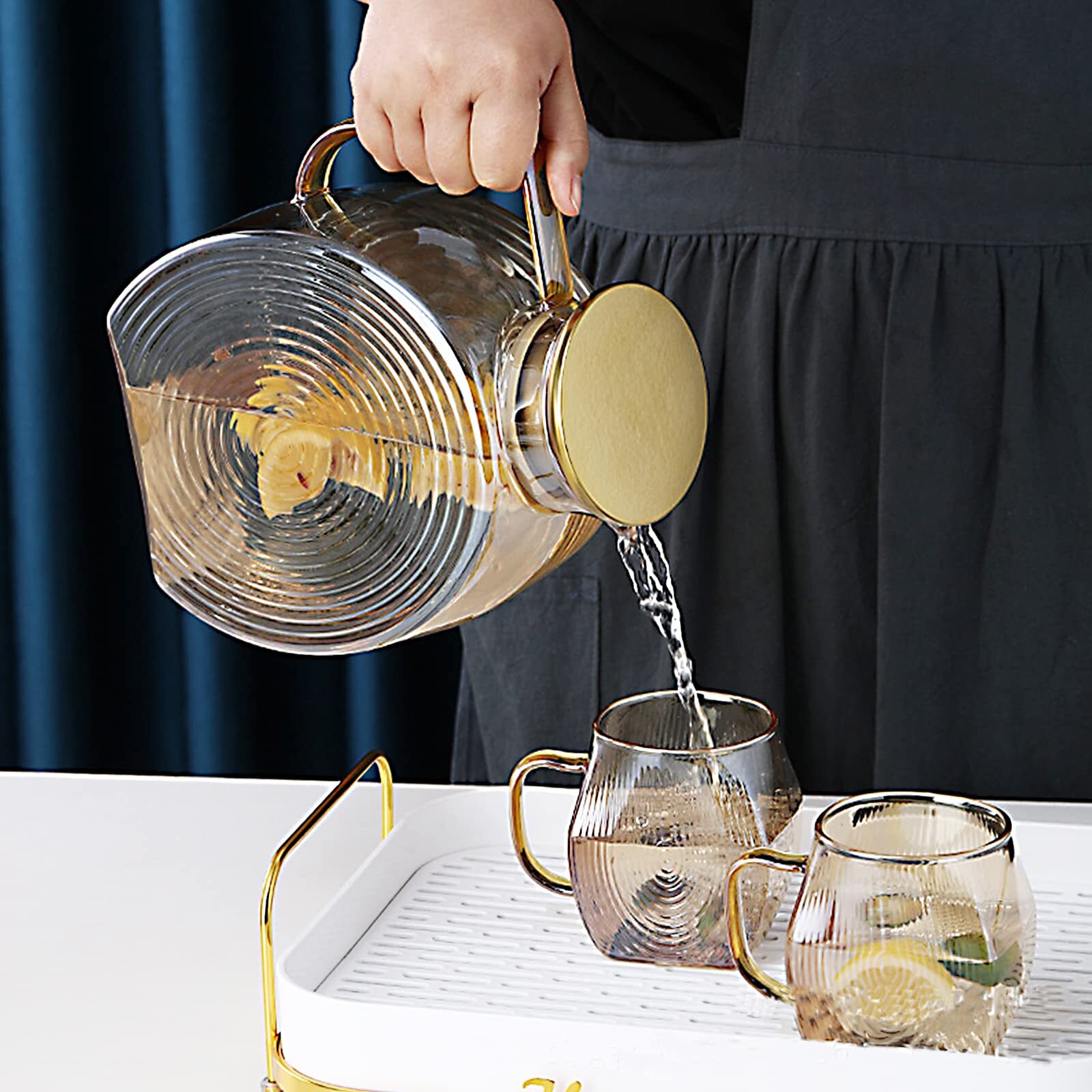 77oz Large Glass Water Pitcher With Gold Lid For Fridge Wide Handle ...