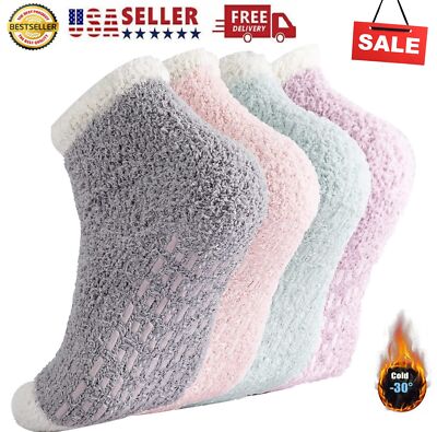 4 Pairs Non Slip Fuzzy Socks for Women Cozy Hospital Grips Socks Soft ...