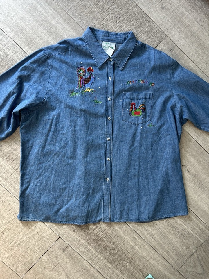 The Quacker Factory Chicken Rooster Embroidered Shirt Blue Denim Plus ...