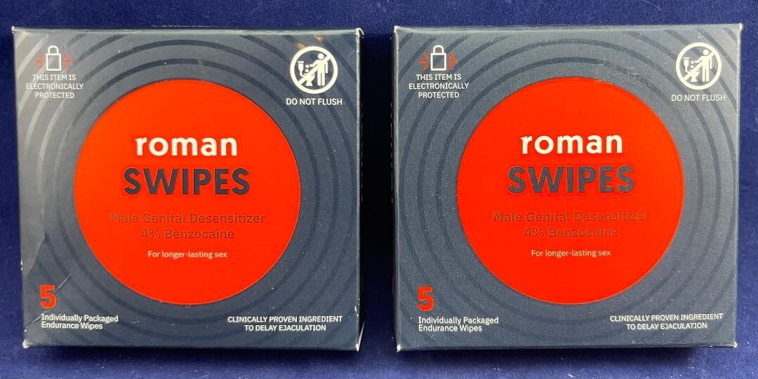 ROMAN Swipes, (2) Packs of 5, 4% Benzocaine Wipes for Premature ...