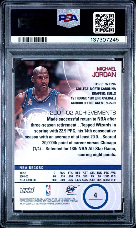 2002 Topps Pristine #4 Michael Jordan Washington Wizards HOF PSA 10 GEM ...
