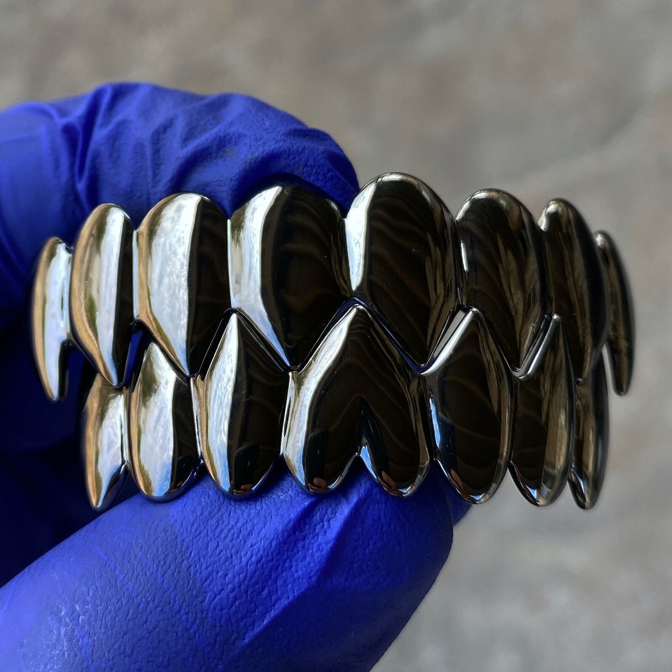 Gunmetal Black Shark Grillz Set 8 Top & Eight Bottom Fangs Teeth Hip ...