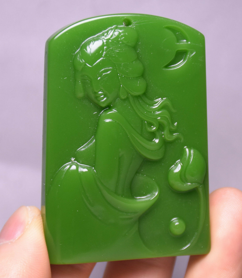 6.1CM Unique China Natural Green Jade Carving Beauty Belle Amulet ...