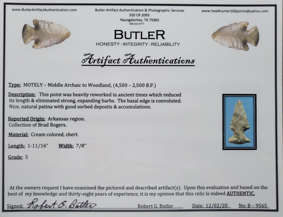 COA AUTHENTIC ARKANSAS 1 11/16" STEMMED SPEAR NICE ARTIFACT STONE TOOL ...