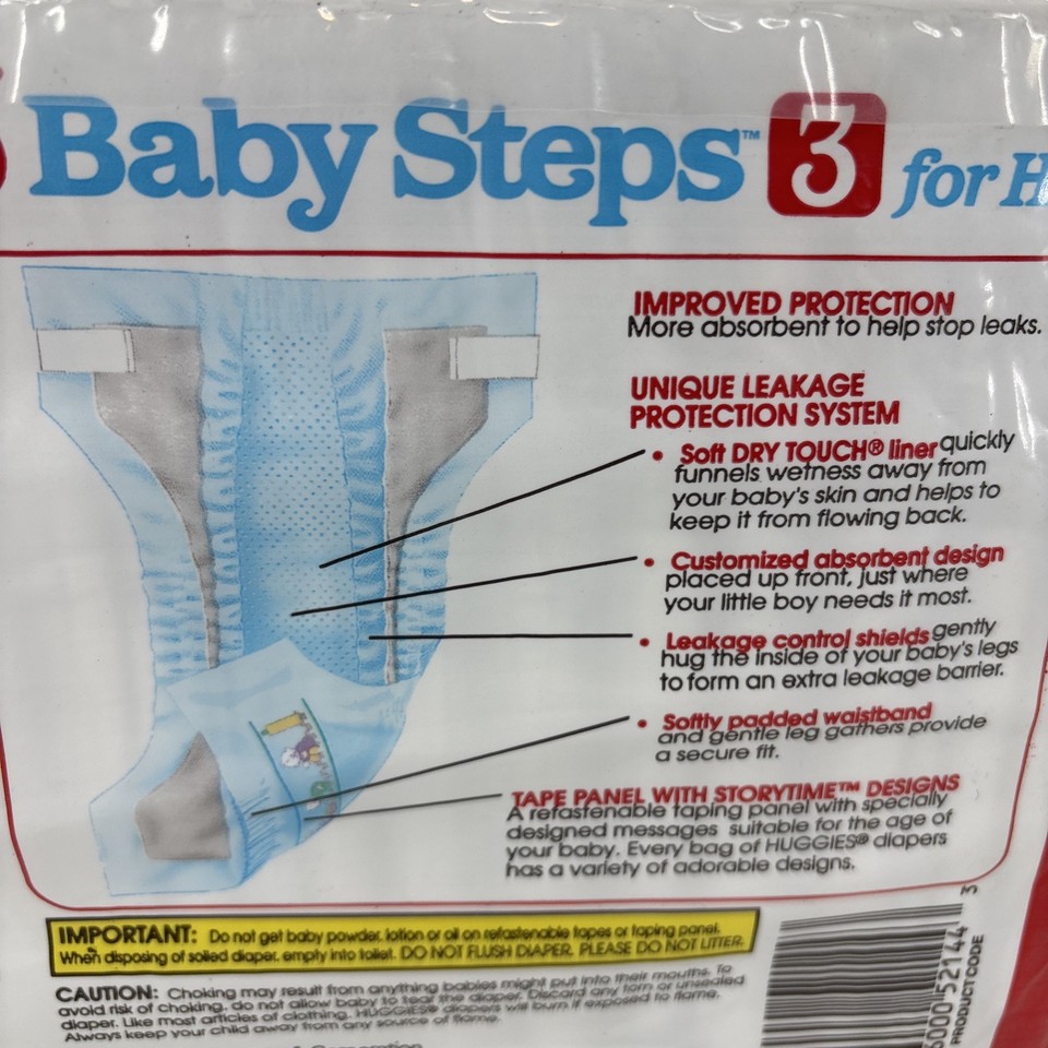 Sealed Pack 36 Medium Size 3 1992 Huggies Baby Step Him Vintage Plastic ...