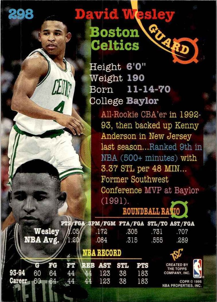 1994-95 Stadium Club Basketball Card David Wesley Boston Celtics #298 ...
