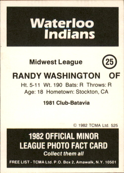 1982 Waterloo Indians TCMA 25 Randy Washington Stockton California ...